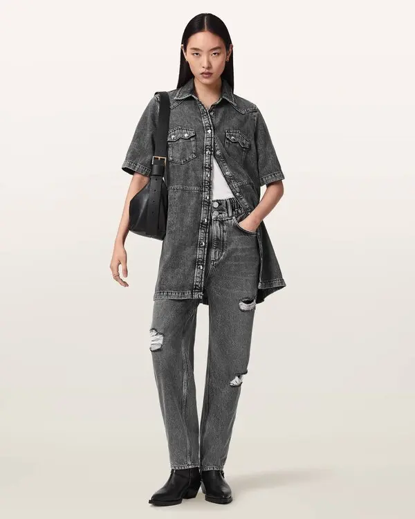 ALLSAINTS Daisy Tapered Leg Distressed Denim Jeans - Grey