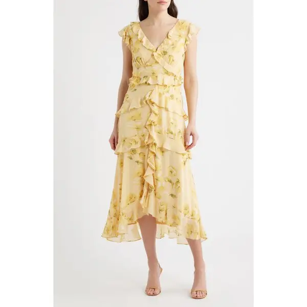 CECE DUPRAZ Printed Ruffle Midi Dress - Golden Haze