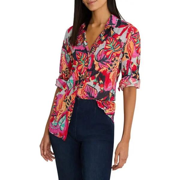 NIC+ZOE Kauai Crinkle Cotton Shirt - Red Multi