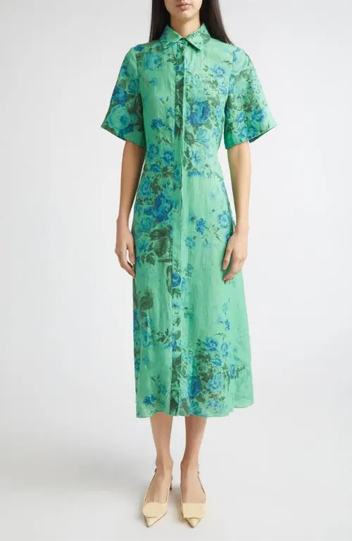 Erdem Floral Print Linen Shirt Dress With Tie Waist - Rose Bouquet Sea Green