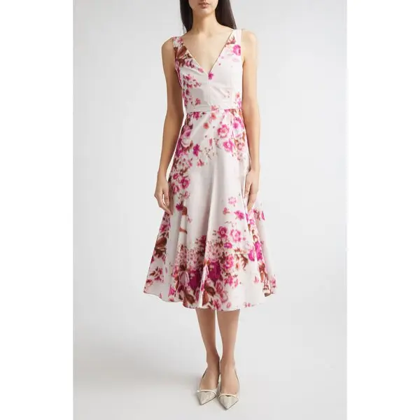 Erdem Floral Print Fit & Flare Dress - Rose Bouquet Hot Pink