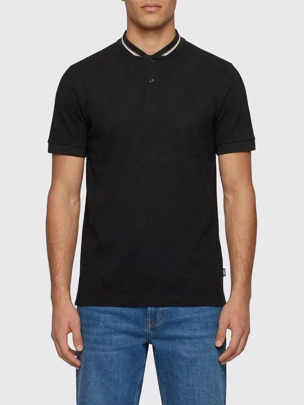 BOSS Cotton Polo Shirt With Striped Collar - Black