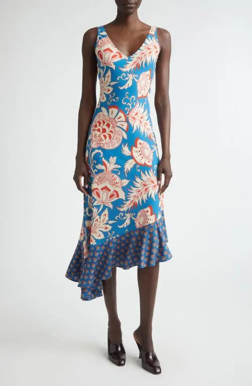 Etro Asymmetric Ruffle Hem Midi Dress - Print On Pale Blue Base