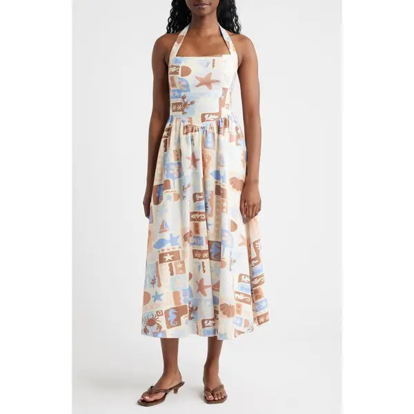Moon River Printed Halter Midi Sundress - Ivory/blue
