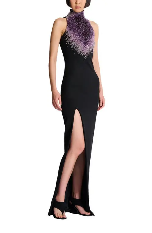 Balmain Milano Jersey Halterneck Dress With "amethyst" Embroidery - Black