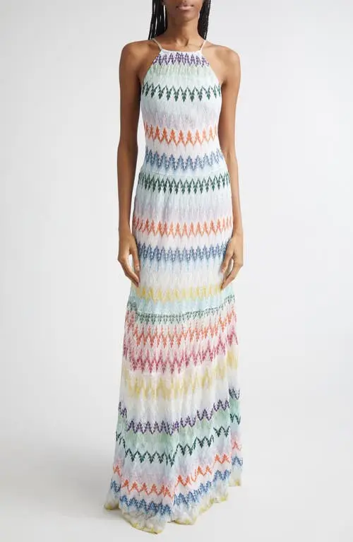 Missoni Metallic Zigzag Raschel Knit Maxi Dress - Multicolor On White Base