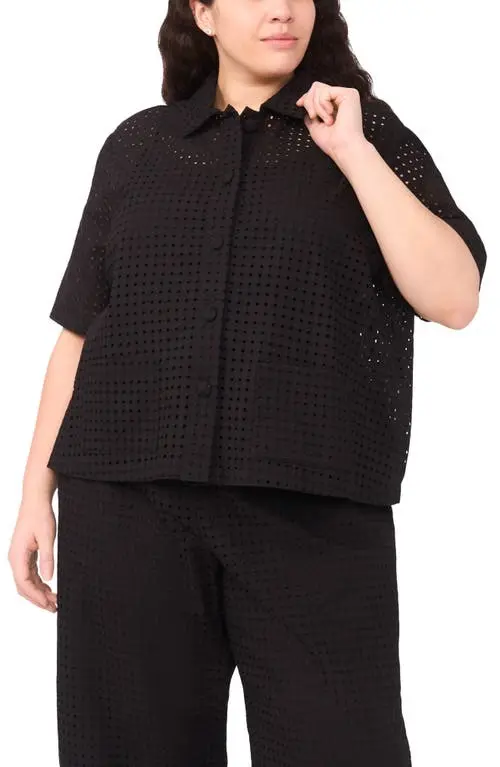 Halogen Eyelet Short Sleeve Button-up Shirt - Rich Black 060