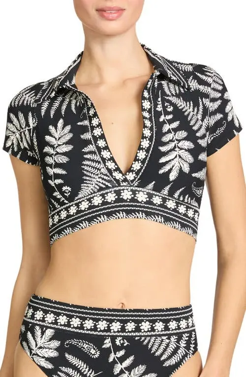 Robin Piccone Hailey Short Sleeve Bikini Top - Black/ecru