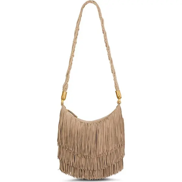 Balmain Ebene Hobo Fringed Suede Bag - Beige