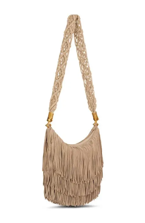 Balmain Ebene Hobo Fringed Suede Bag - Beige