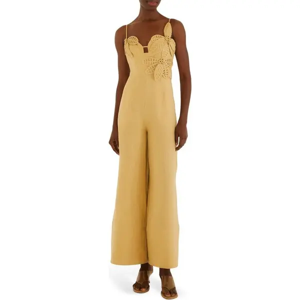Farm Rio Flowered Wide-leg Linen Jumpsuit - Sand