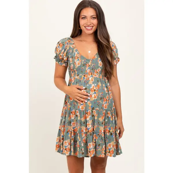 PINKBLUSH Floral Smocked V-neck Puff Sleeve Dress - Olive Green