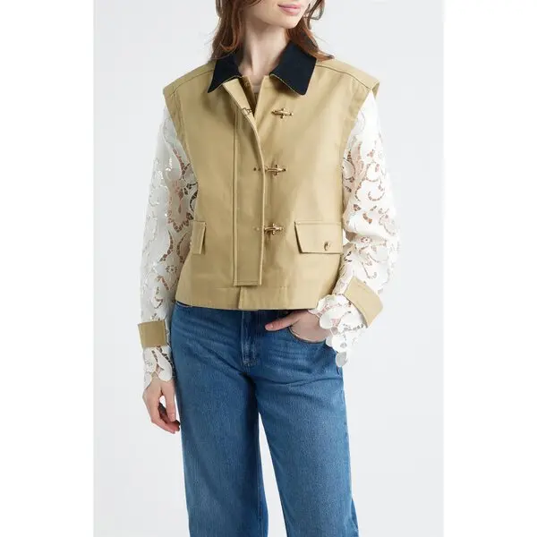 Hill House Home Clarisse Lace-sleeve Barn Jacket - Khaki