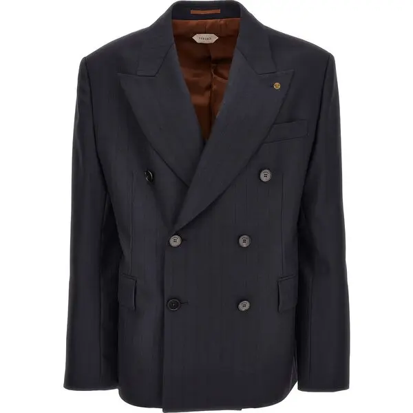 Versace Pinstripe Double-breasted Virgin Wool Blazer - Dark Navy Black