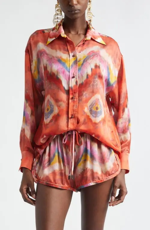 Zimmermann Kindred Spirit Alchemy Relaxed Silk Satin Button-up Shirt - Ruby Tie Dye