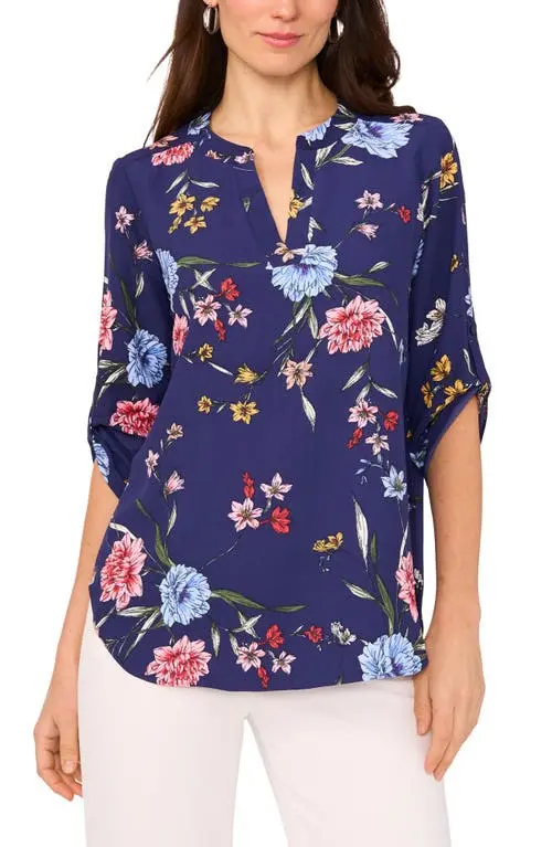 Chaus Floral Print Roll Tab Top - Navy Floral