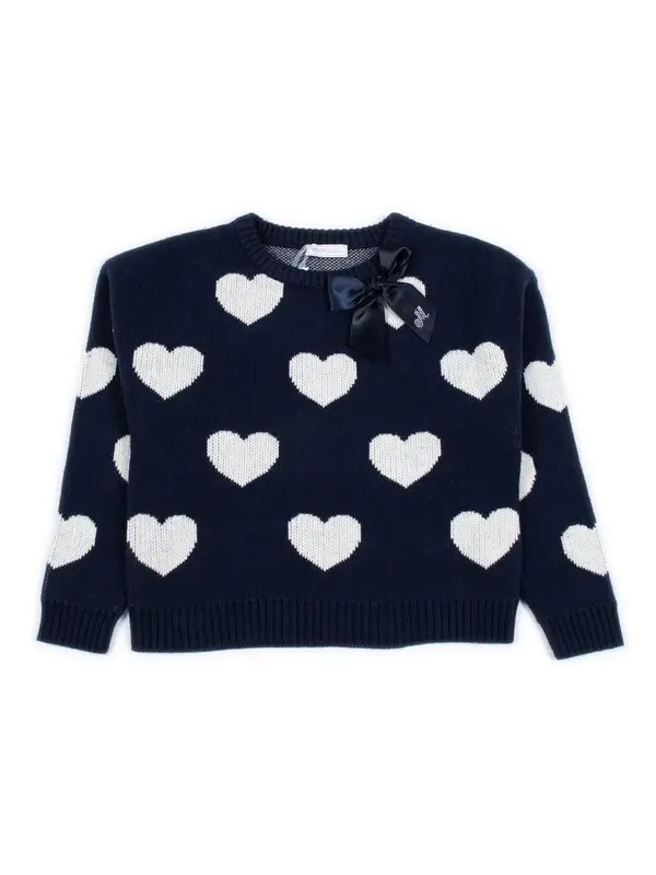 Monnalisa Cotton And Wool Knit Pullover With Heart Pattern - Blu