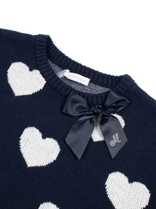 Monnalisa Cotton And Wool Knit Pullover With Heart Pattern - Blu