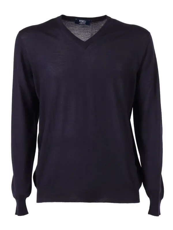 Fedeli Long Sleeve V-neck Knit Sweater - Blu