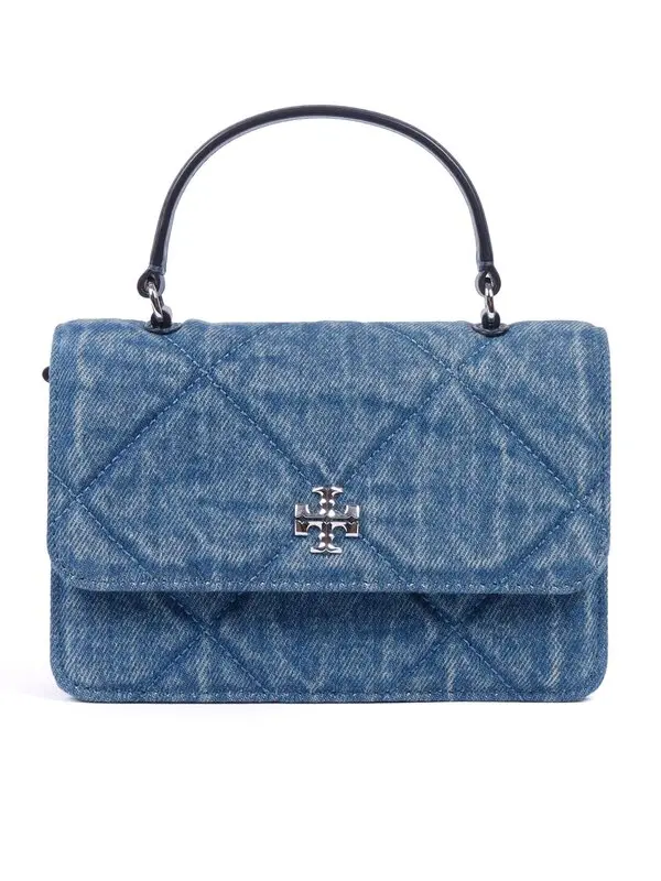 Tory Burch Kira Diamond Quilt Denim Mini Top Handle Chain Wallet - Blu