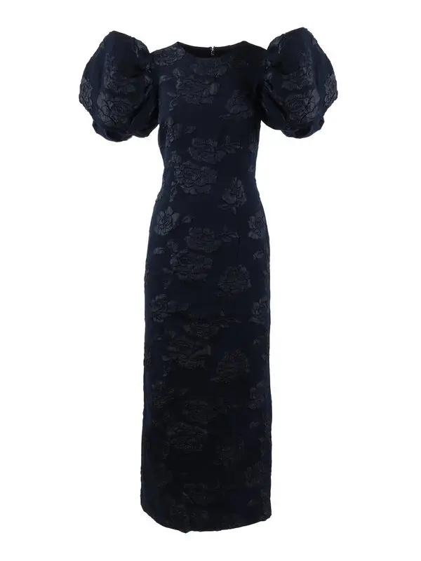 ROTATE BY BIRGER CHRISTENSEN Jacquard Puff Sleeve Midi Dress - Blu