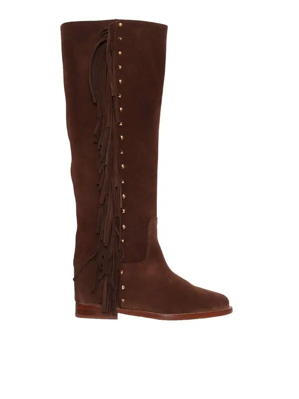 VIA ROMA 15 Wedge Fringe Boot With Studded Detail - Red