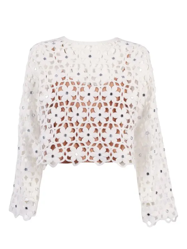 Michael Kors Long Sleeve Crochet Top - White