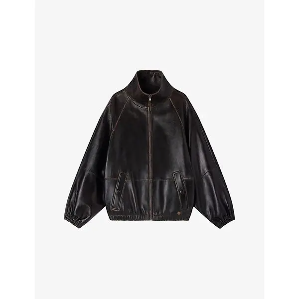 Sandro Distressed Funnel-neck Leather Jacket