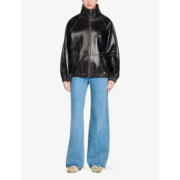 Sandro Distressed Funnel-neck Leather Jacket