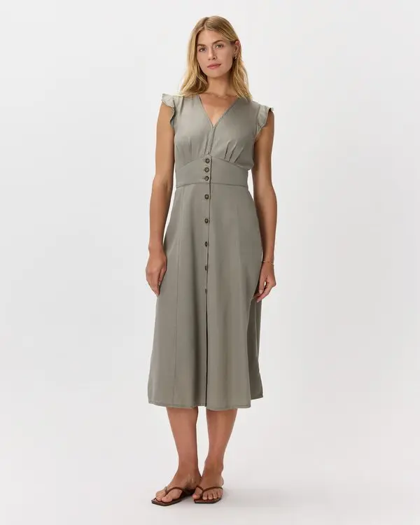 Quince Vintage Wash Tencel Button Front Midi Dress - Olive