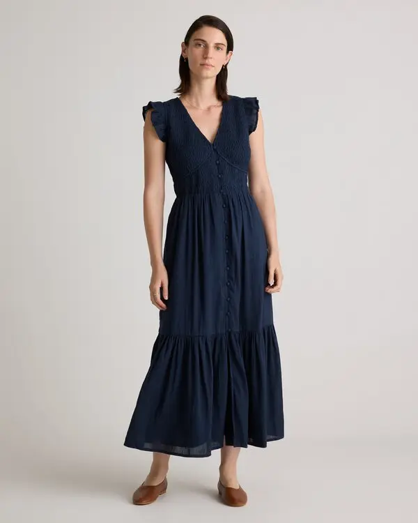 Quince Organic Textured Cotton Smocked V-neck Midi Dress With Ruffled Cap Sleeves - Navy