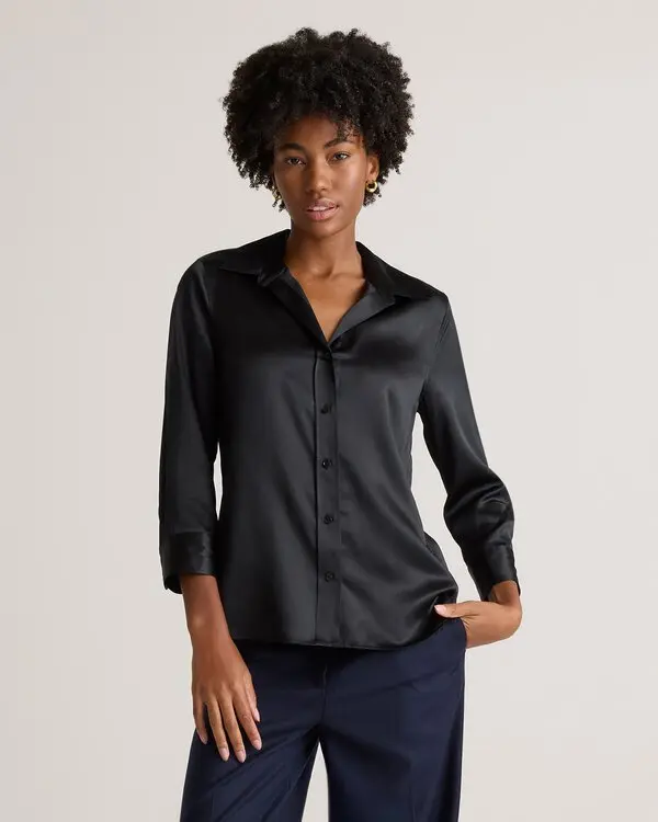 Quince Silk Three-quarter Sleeve Shirt - Black