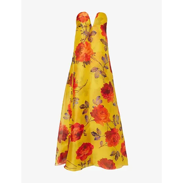 Carolina Herrera Rose-print Deep-v Silk Gown - Saffron Multi