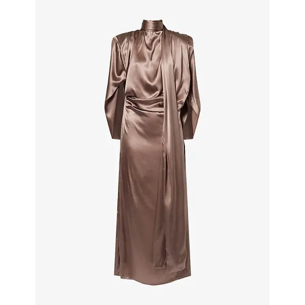 MUGLER Draped Long-sleeve Silk-blend Midi Dress - Taupe