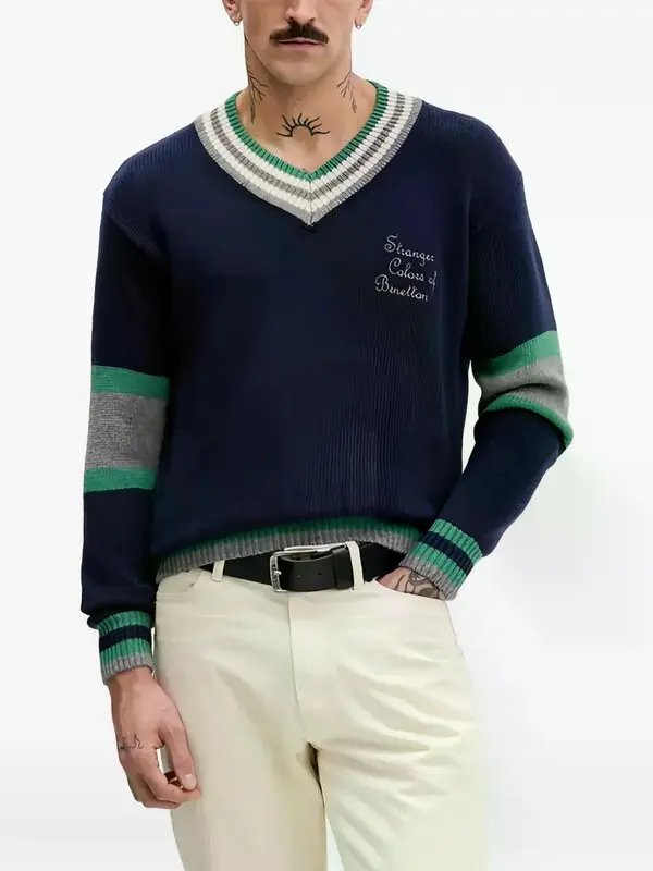 BENETTON V-neck Striped Pullover