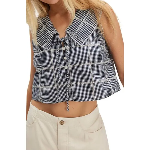 Free People Waiting For Me Crop Cotton Button-up Top - Navy Combo