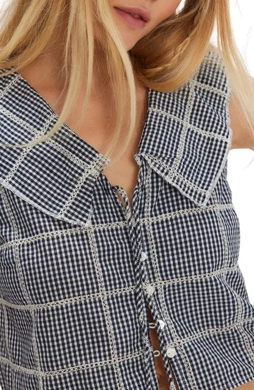 Free People Waiting For Me Crop Cotton Button-up Top - Navy Combo