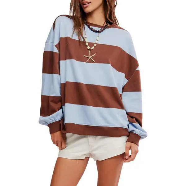 Free People Oversized Stripe Sweatshirt - Periwinkle Combo