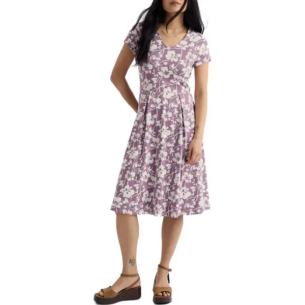 SEASALT CORNWALL Pier View Floral Print Flare Stretch Organic Cotton Dress - Mallow Vine Verbena