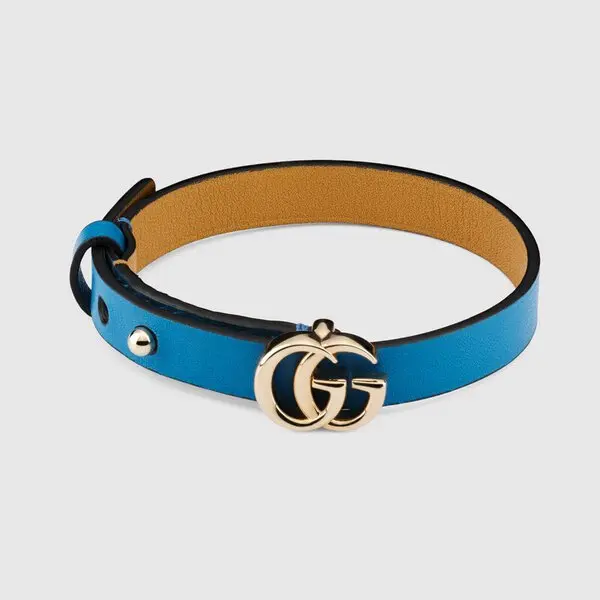 Gucci Leather Bracelet With Double G - Gold-toned Metal