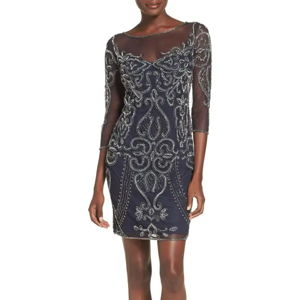 Pisarro Nights Beaded Mesh Sheath Dress - Navy