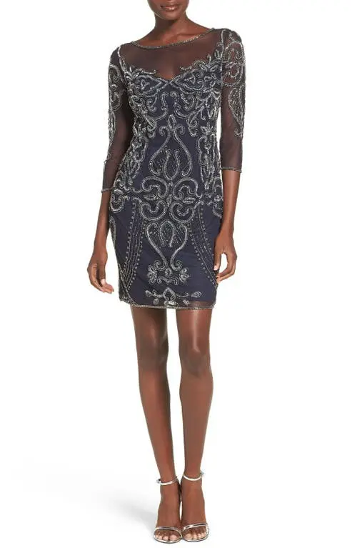 pisarro nights beaded sheath dress Pisarro Nights Beaded Cap Sleeve Cocktail Shift Dress Sz 8 Purple Lined