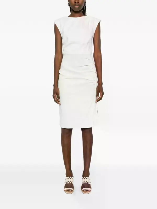 Pinko Slim-fitting Calf-length Linen Blend Dress With Draping And Metallic Accents
