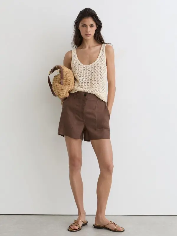 REISS Ashby Linen Shorts - Chocolate Brown