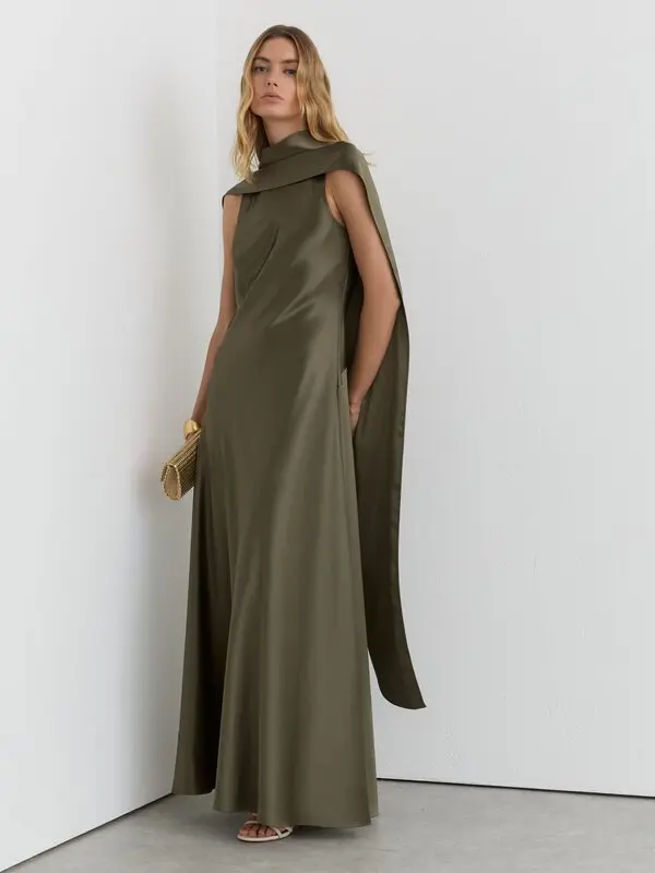 REISS Satin Cape Maxi Dress - Khaki Green