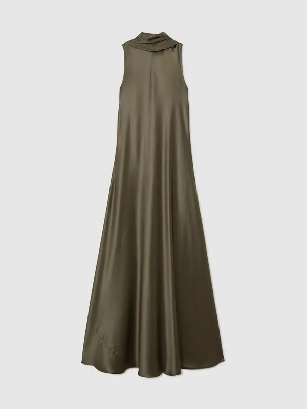 REISS Satin Cape Maxi Dress - Khaki Green