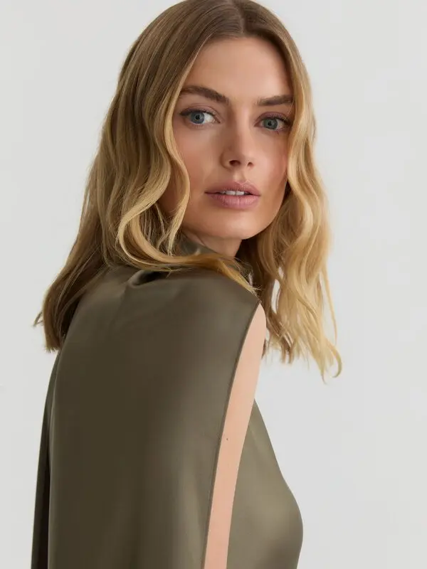 REISS Satin Cape Maxi Dress - Khaki Green