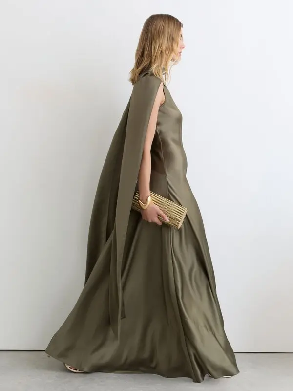 REISS Satin Cape Maxi Dress - Khaki Green