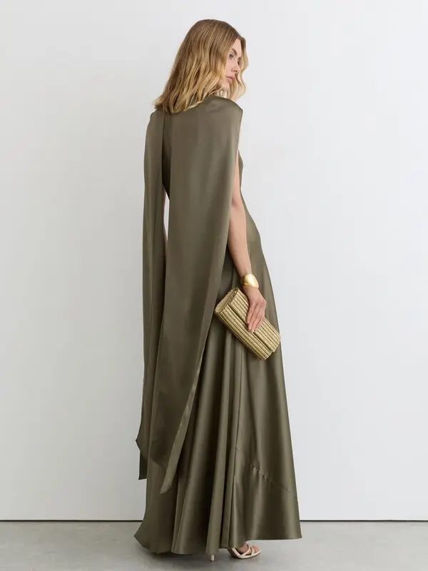 REISS Satin Cape Maxi Dress - Khaki Green