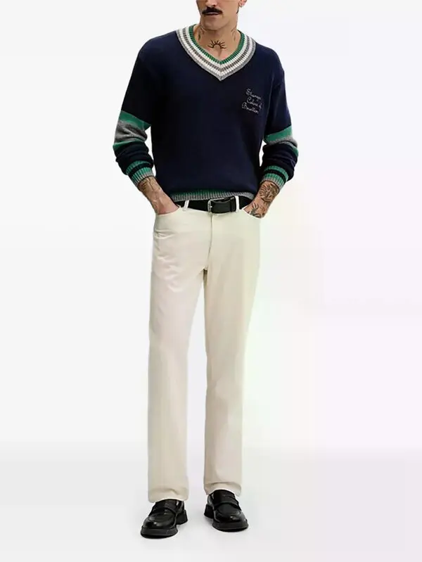 BENETTON V-neck Striped Fine Knit Pullover